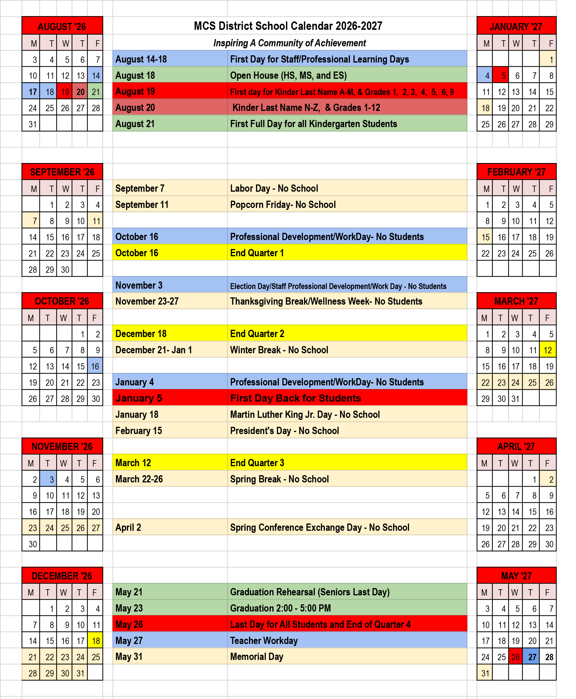2026-27 MCS School Calendar