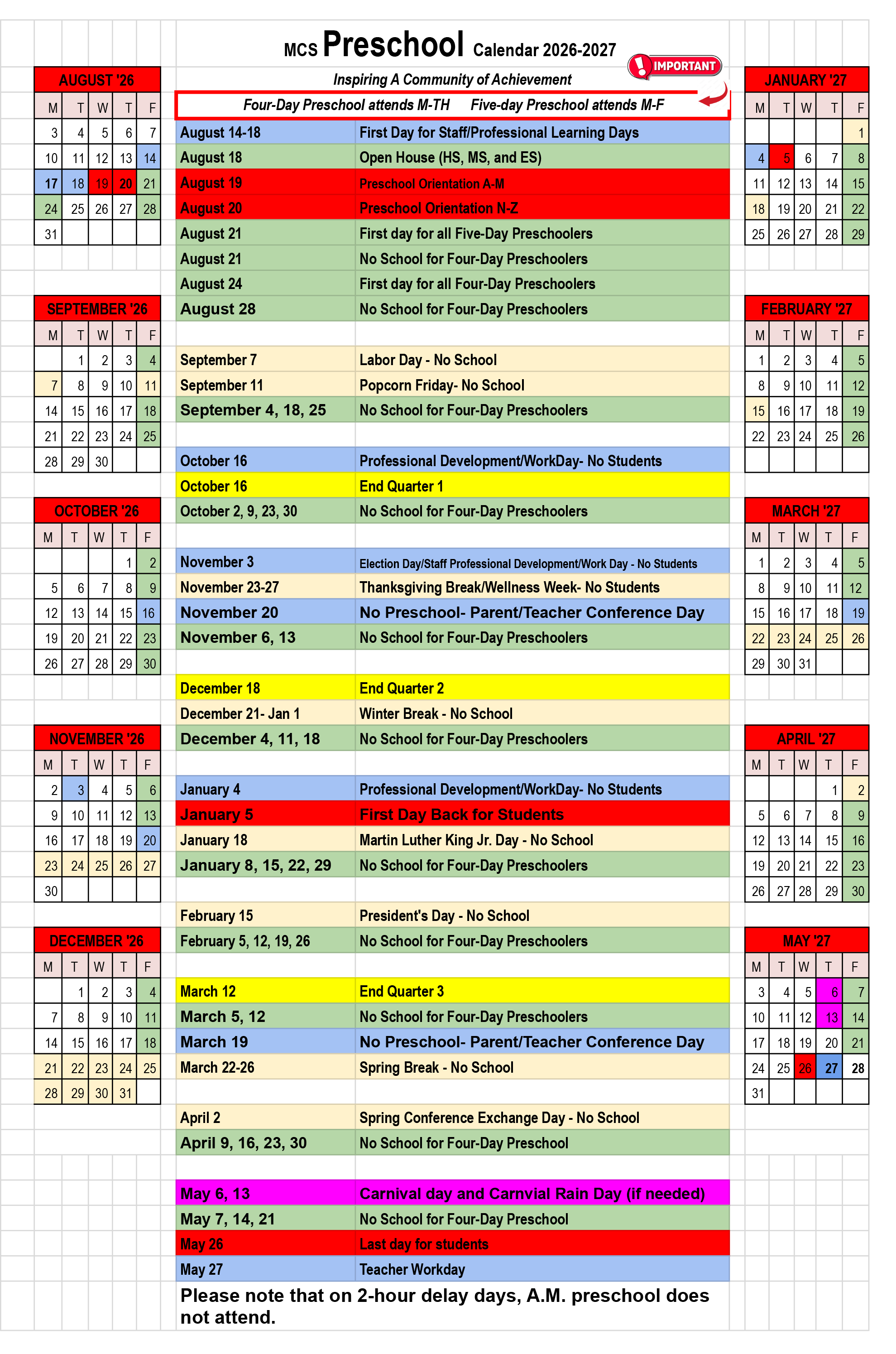 2026-27 MCS School Calendar